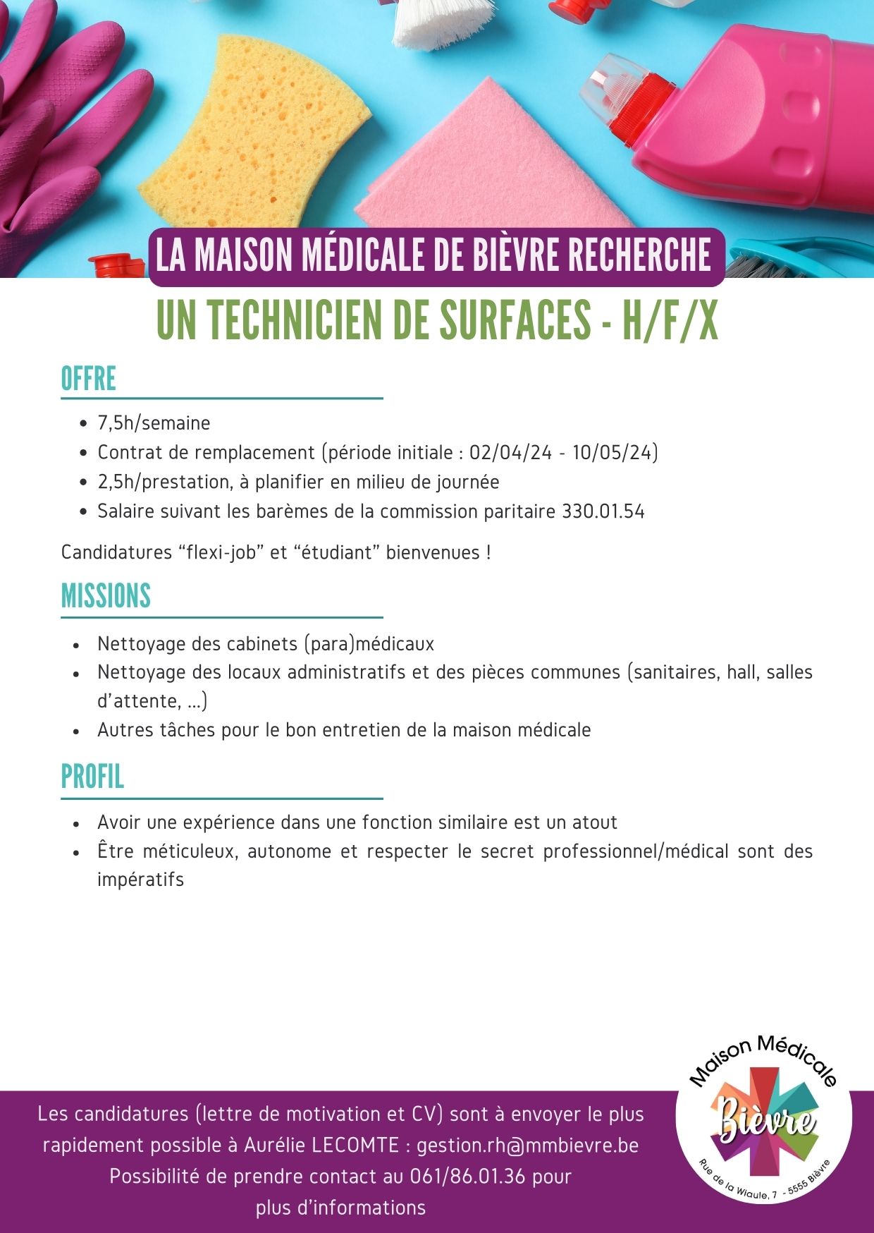 MMB – Offre d’emploi – Technicien de surfaces – Maison Médicale de ...